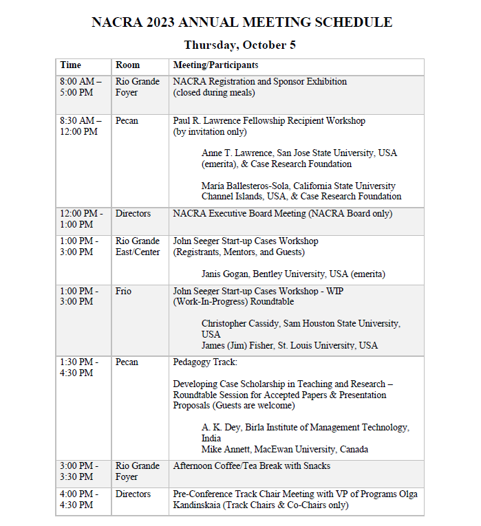 Conference Schedule - North American Case Research Association